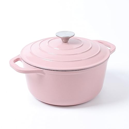 HAWOK Enameled Cast Iron Dutch Oven with Lid, 4 Quart, Deep Round Dutch Oven with Dual Handles, Pink