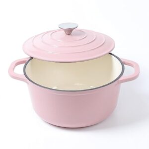 HAWOK Enameled Cast Iron Dutch Oven with Lid, 4 Quart, Deep Round Dutch Oven with Dual Handles, Pink