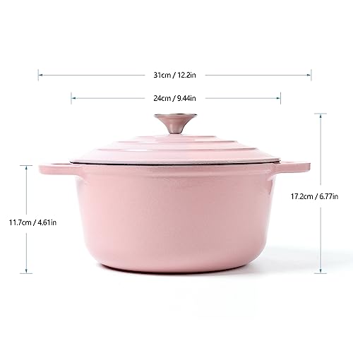 HAWOK Enameled Cast Iron Dutch Oven with Lid, 4 Quart, Deep Round Dutch Oven with Dual Handles, Pink