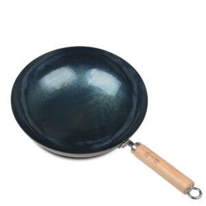 zhensanhuan chinese hand hammered iron pow woks and stir fry pans wooden handle round bottom (30cm, blue black -seasoned)