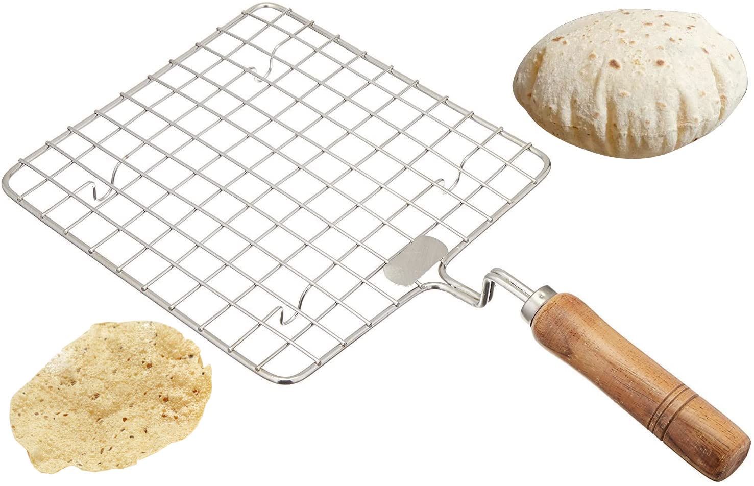 Satre Online And Marketing Wooden Sqaure Roasting Net,Stainless Steel Wire Roaster,Wooden Handle Round with Roasting Net,Roasting Net,Square Roasting Net,Papad Jali,Roti Jali,Roaster