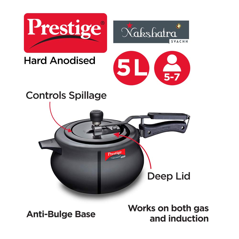 Prestige Svachh Nakshatra Plus Hard Anodised Aluminium Inner Lid 5 Litre Pressure Handi, Black