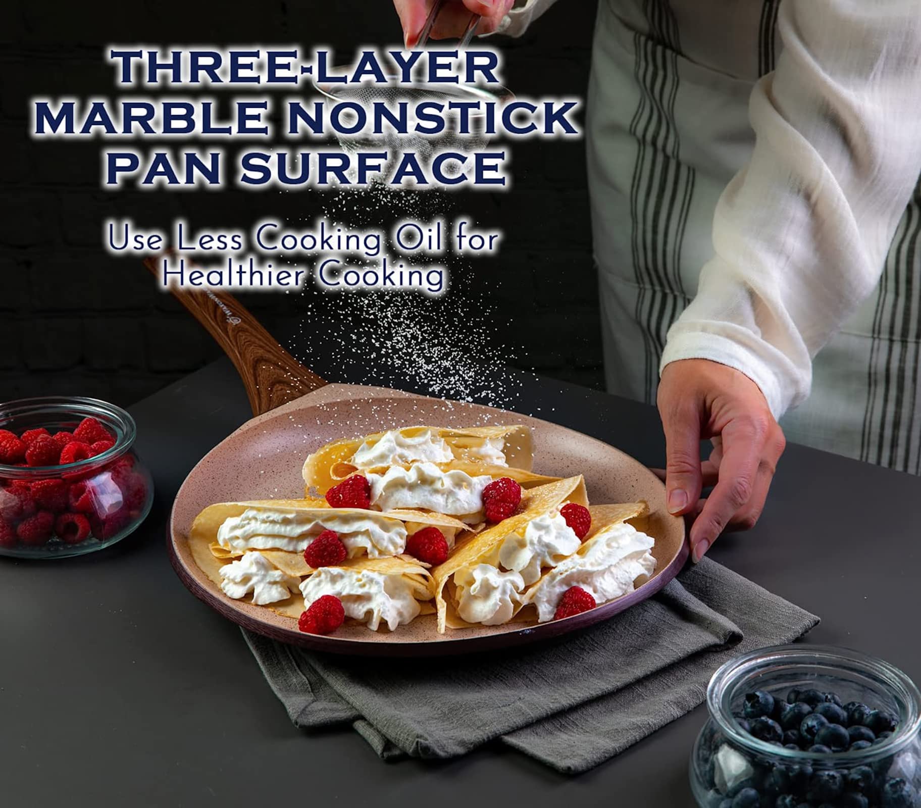 WaxonWare 11 inch Nonstick Crepe Pan Set with Crepe Spreader: Marbellous Series Flat Stove Top Nonstick Pan for Crepes, Tortilla, and Dosa - 100% PFOA Free Non Stick German Coating - Pancake Pan