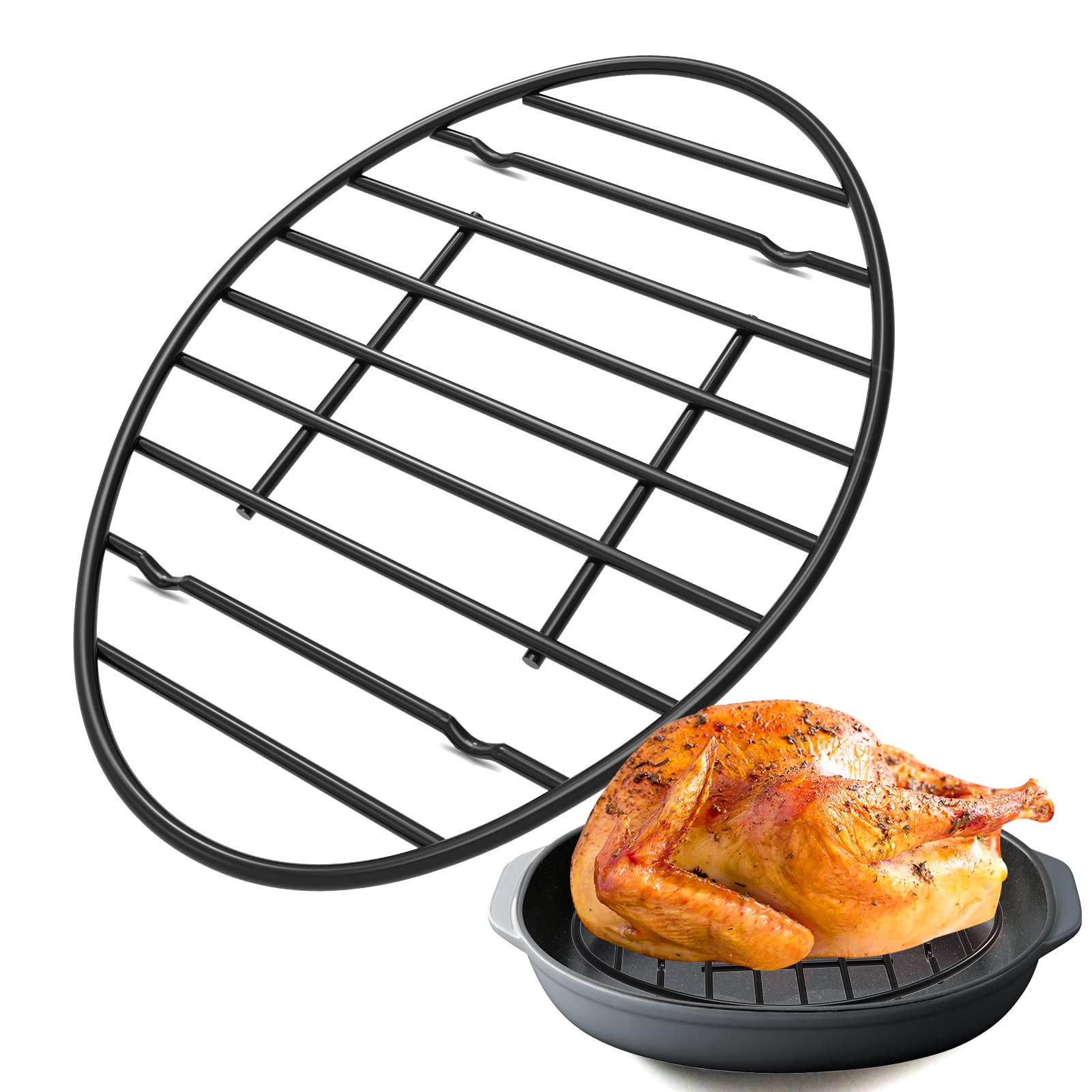 Palksky Oval Roasting Rack for 14”-19” Oval Roaster Pan/Roaster Oven, 12x8.5 Inch Non-Stick Roasting Rack Black with Integrated Feet, Oven and Dishwasher Safe, Kitchen Cooling Rack for Cooking