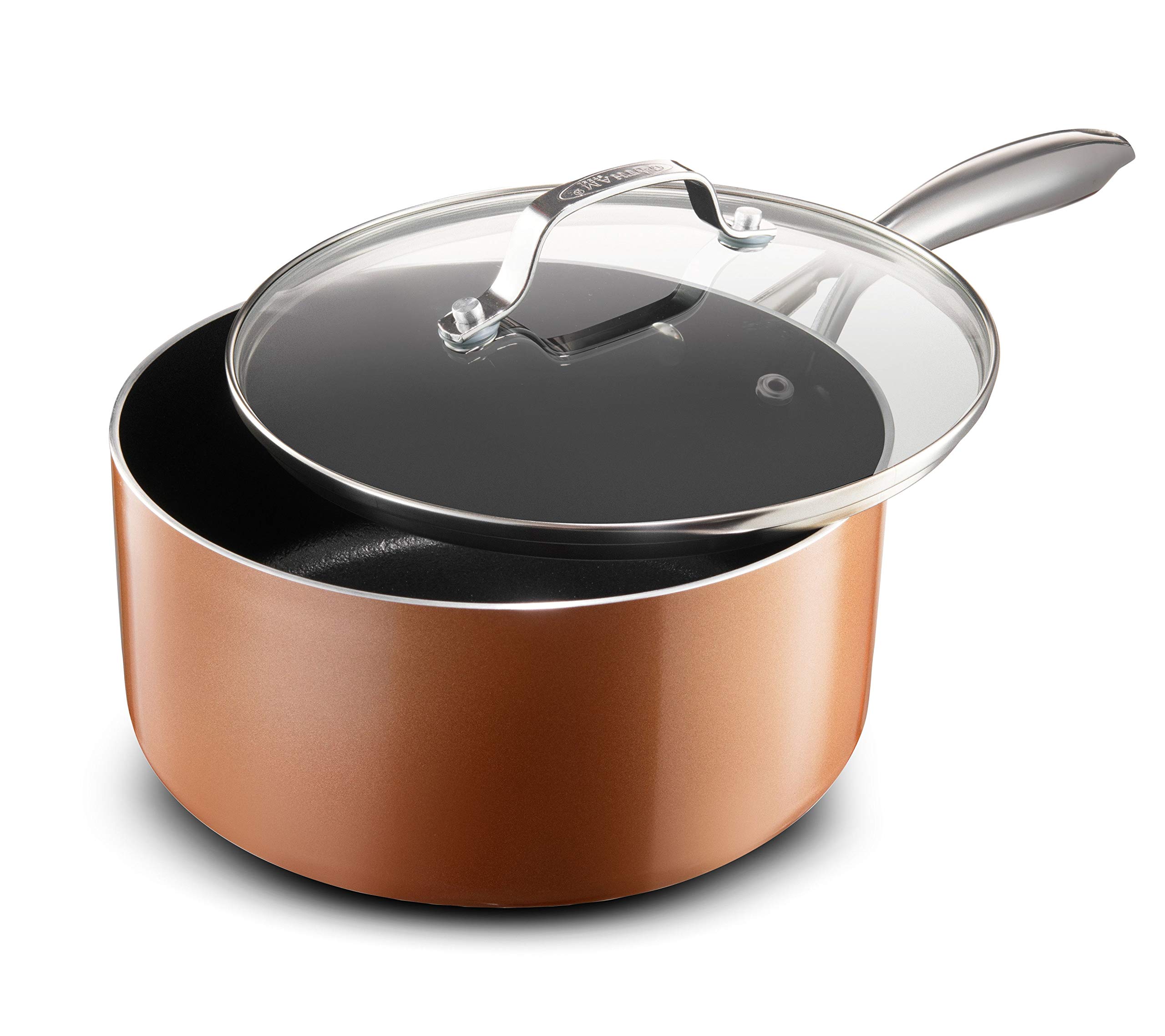 Gotham Steel Copper Cast 2.5 Quart Saucepan with Ultra Nonstick & Durable Mineral Derived & Diamond Reinforced Surface, Stay Cool Handles & Tempered Glass Lid, Oven & Dishwasher Safe, 100% PFOA Free