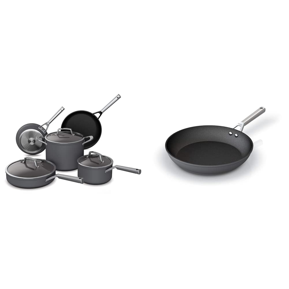 Ninja Foodi NeverStick Premium Hard-Anodized 8-Piece Cookware Set, slate grey, C38000 & C30030 Fry Pan Foodi Neverstick Premium Hard-Anodized That Won't Stick, Oven Safe to 500°F, Slate Grey, 12 Inch