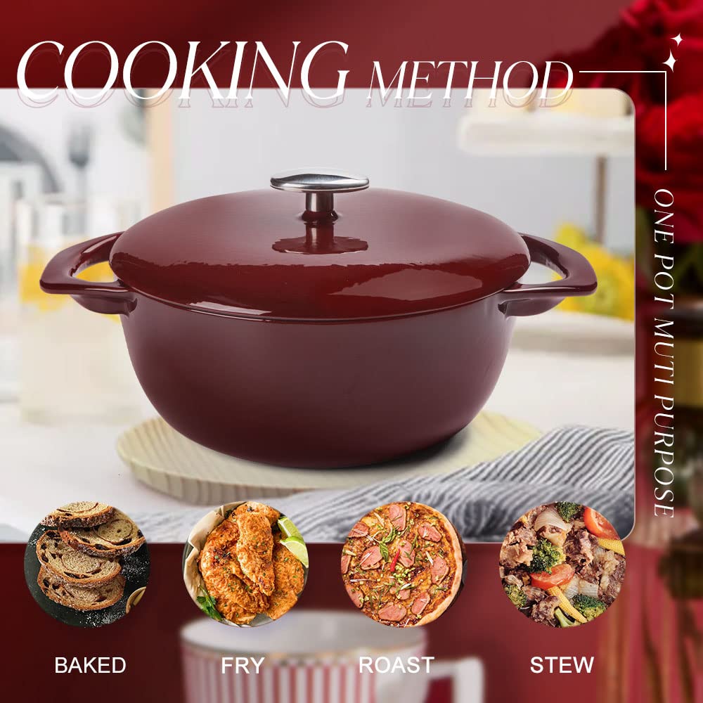 M-COOKER 3.5 QT Enameled Cast Iron Covered Dutch Oven, Non-Stick Round Enamel Dutch Oven with Dual Handle, Great Gifts for Family (Wine Red)