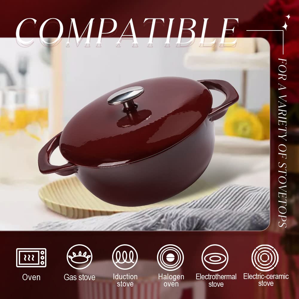 M-COOKER 3.5 QT Enameled Cast Iron Covered Dutch Oven, Non-Stick Round Enamel Dutch Oven with Dual Handle, Great Gifts for Family (Wine Red)