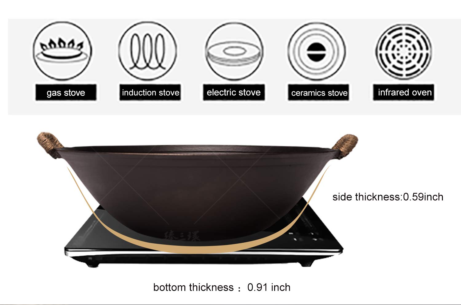 臻三环 ZhenSanHuan Handmade Cast Iron wok No Coating No painting Healthy, Flat Bottom, Induction Suitable (38CM (15inches))