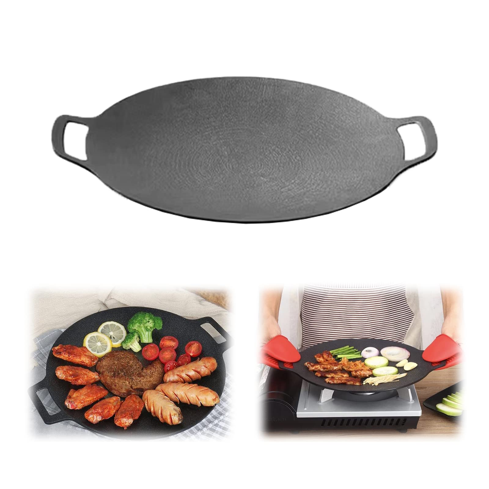 Korean Non-stick Round Baking Pan, Korean BBQ Grill Pan, Round Barbecue Griddle Pan with Handle for Indoor Outdoor Stovetop Grilling, Frying, Sauteing, PFOA Free (12inch)