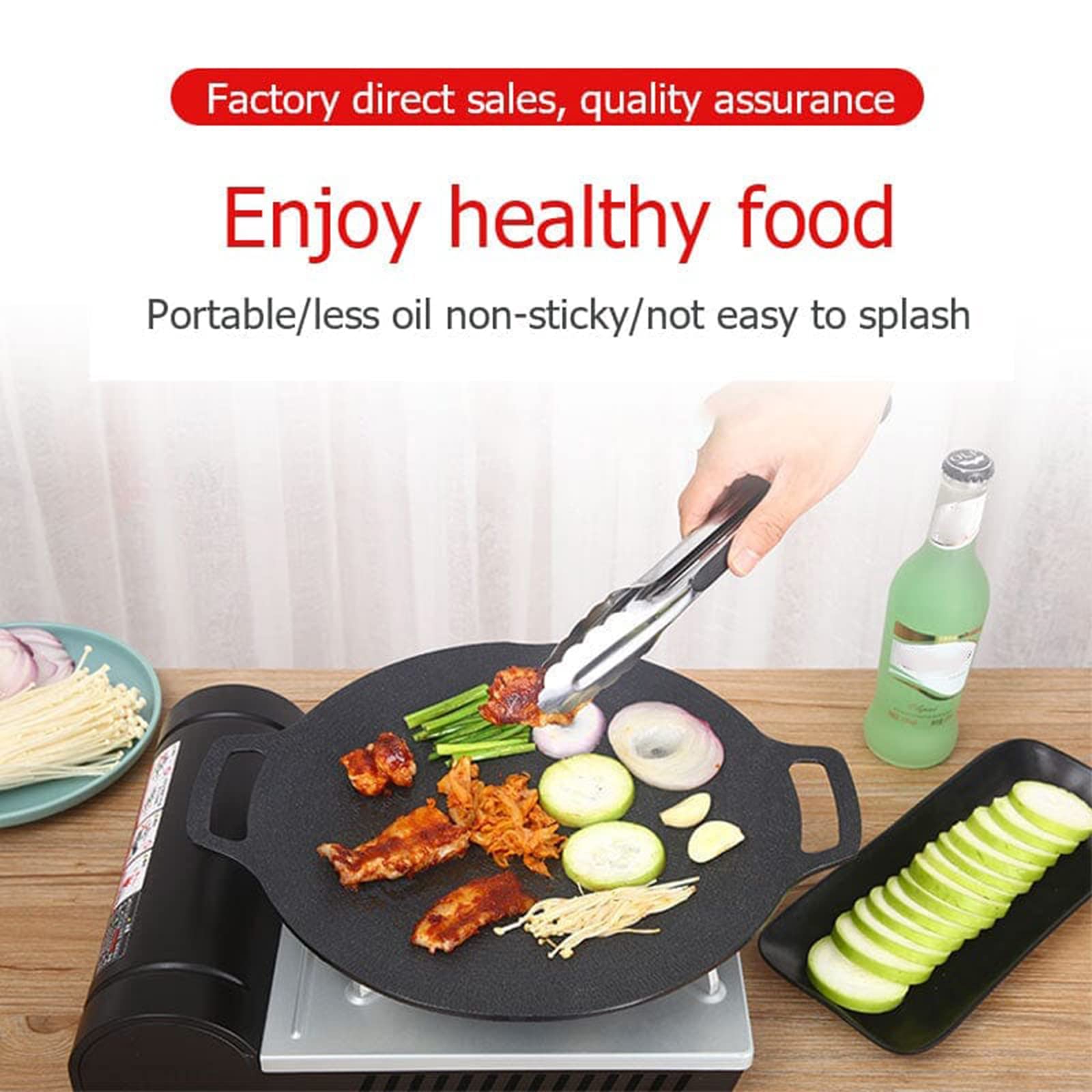 Korean Non-stick Round Baking Pan, Korean BBQ Grill Pan, Round Barbecue Griddle Pan with Handle for Indoor Outdoor Stovetop Grilling, Frying, Sauteing, PFOA Free (12inch)