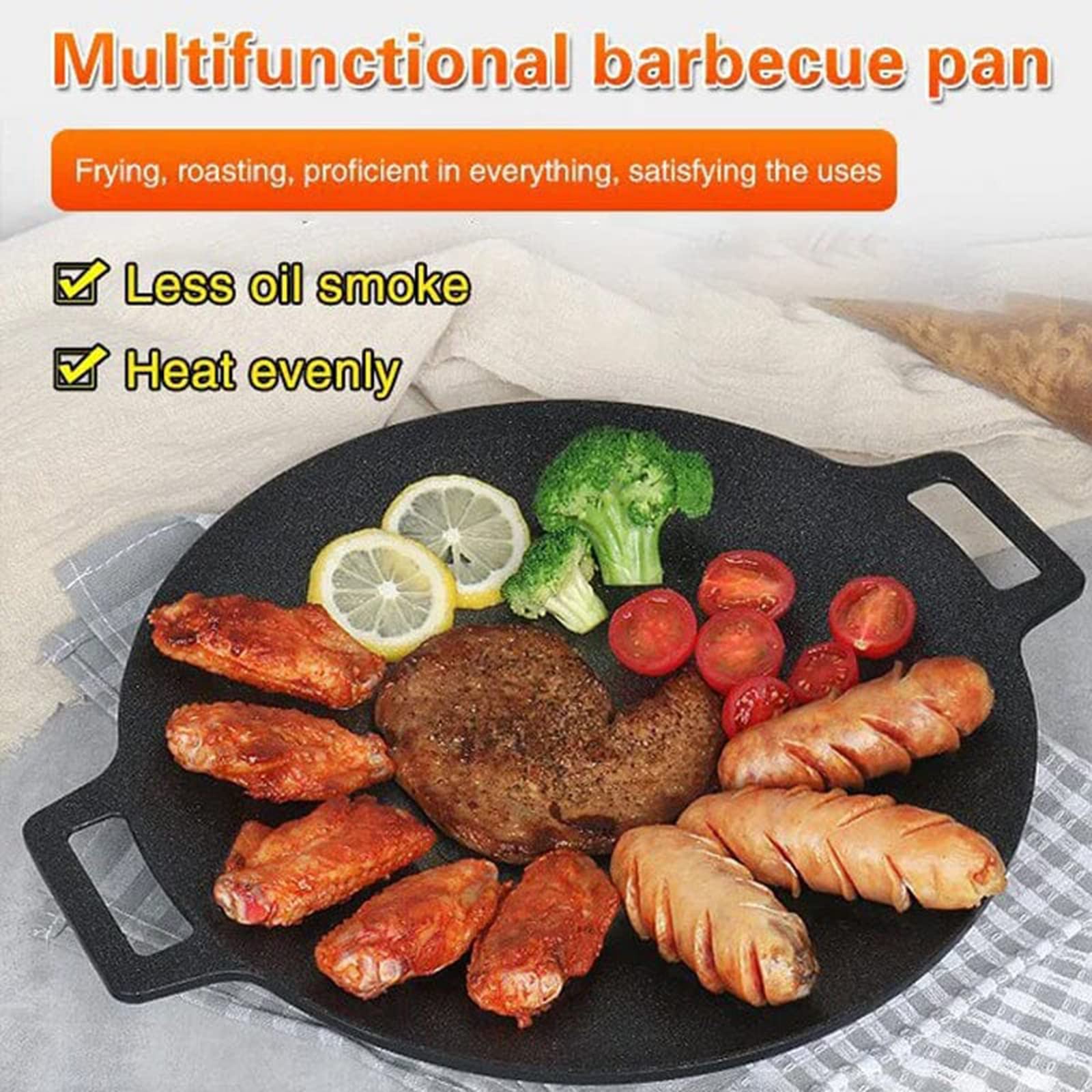 Korean Non-stick Round Baking Pan, Korean BBQ Grill Pan, Round Barbecue Griddle Pan with Handle for Indoor Outdoor Stovetop Grilling, Frying, Sauteing, PFOA Free (12inch)