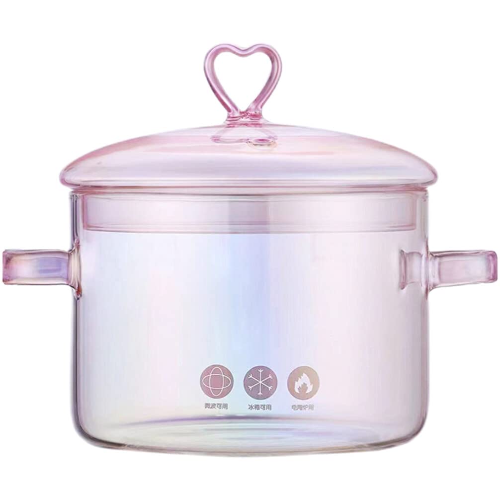 Yardwe Glass Soup Bowl with Lid and Handle, 1PC Pink Double-handle Cooking Pot