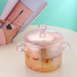 Yardwe Glass Soup Bowl with Lid and Handle, 1PC Pink Double-handle Cooking Pot