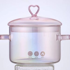 Yardwe Glass Soup Bowl with Lid and Handle, 1PC Pink Double-handle Cooking Pot