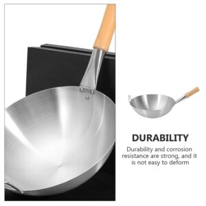 DOITOOL 1pc Stainless Steel Wok with Wood Handle Traditional Hand Hammered Carbon Steel Pow Wok Practical Wok Kitchen Utensil (Silver)