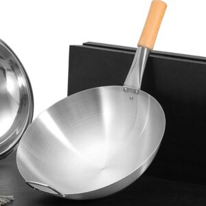 DOITOOL 1pc Stainless Steel Wok with Wood Handle Traditional Hand Hammered Carbon Steel Pow Wok Practical Wok Kitchen Utensil (Silver)