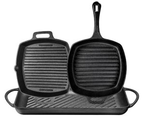 bruntmor pre seasoned cast iron 3 piece grill bundle gift set, rectangular grill pan, grill skillet, square grill pan, camping cookware set