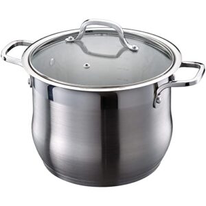 Stainless Steel Stockpot 9.1Qt Mirror Polished Soup Pot with Glass Lid，Pasta Pot with Interior Measurement Markings，Cooking Pots Compatible with All Heat Sources，Easy Clean & Dishwasher Safe