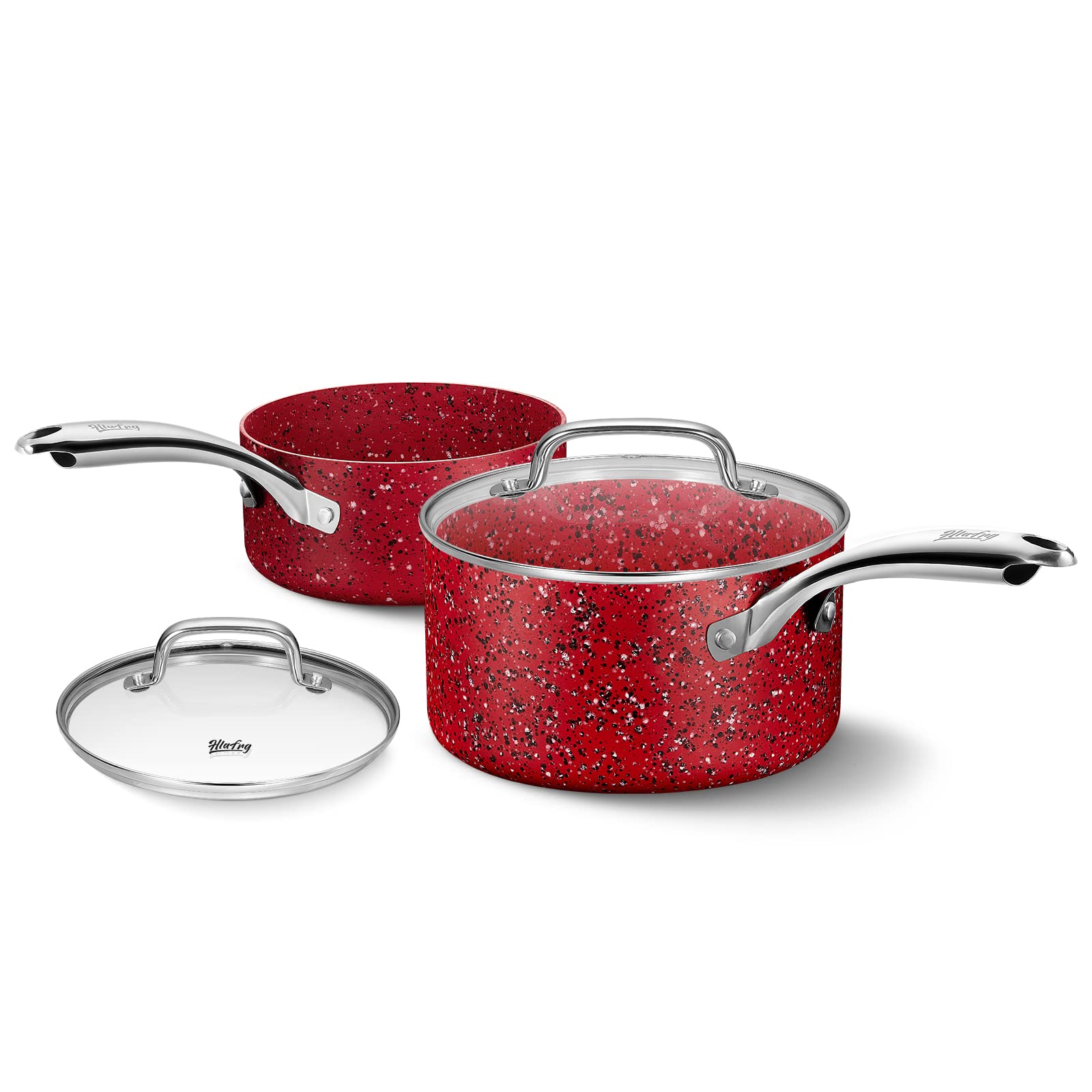 HLFRG Saucepan Set with Lid, Nonstick 2Qt & 3Qt Sauce Pan Set with Lid, Small Pot with Lid, Natural Granite Nonstick Saucepan Set, Small Sauce Pots, Red Pot Set - 2Qt & 3Qt