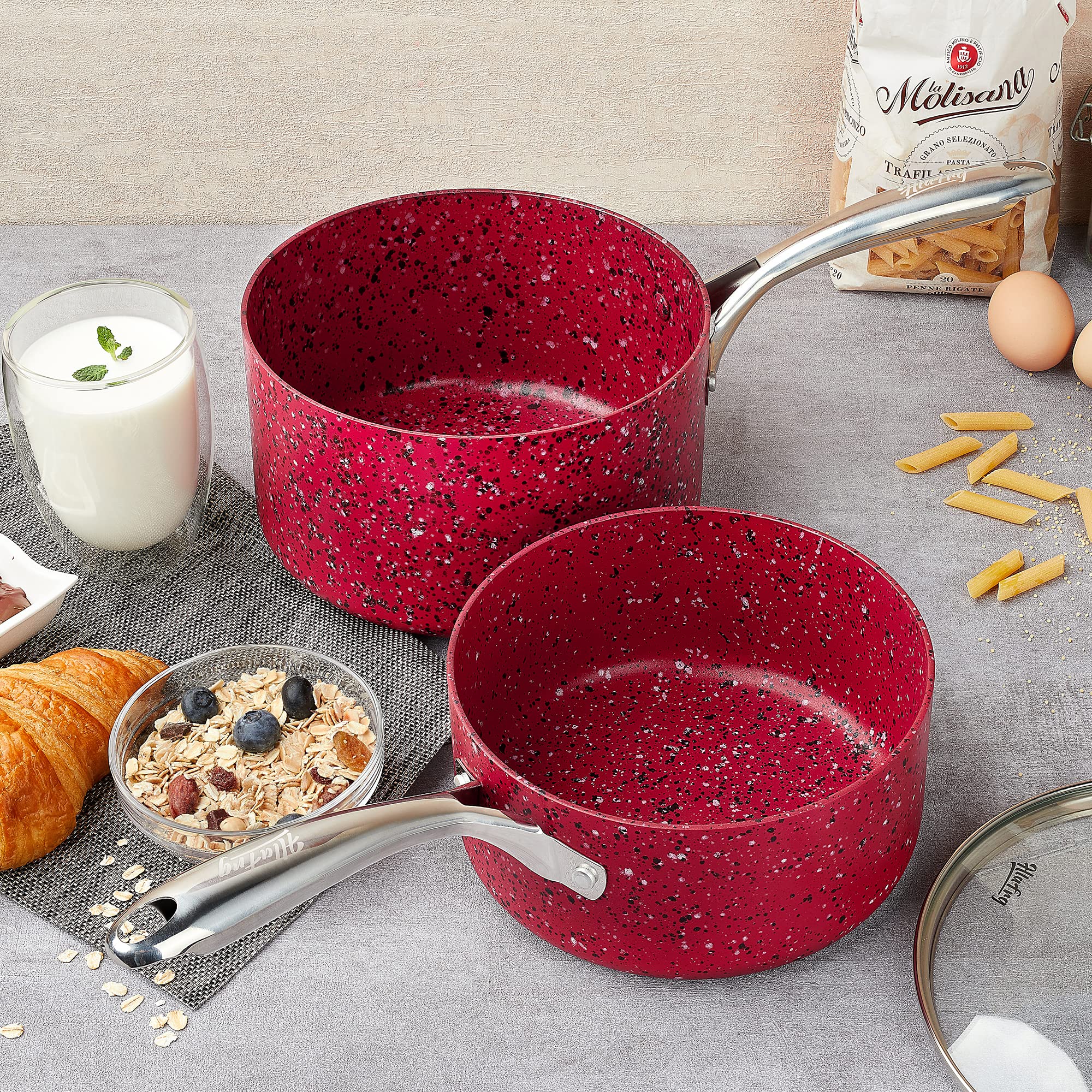 HLFRG Saucepan Set with Lid, Nonstick 2Qt & 3Qt Sauce Pan Set with Lid, Small Pot with Lid, Natural Granite Nonstick Saucepan Set, Small Sauce Pots, Red Pot Set - 2Qt & 3Qt