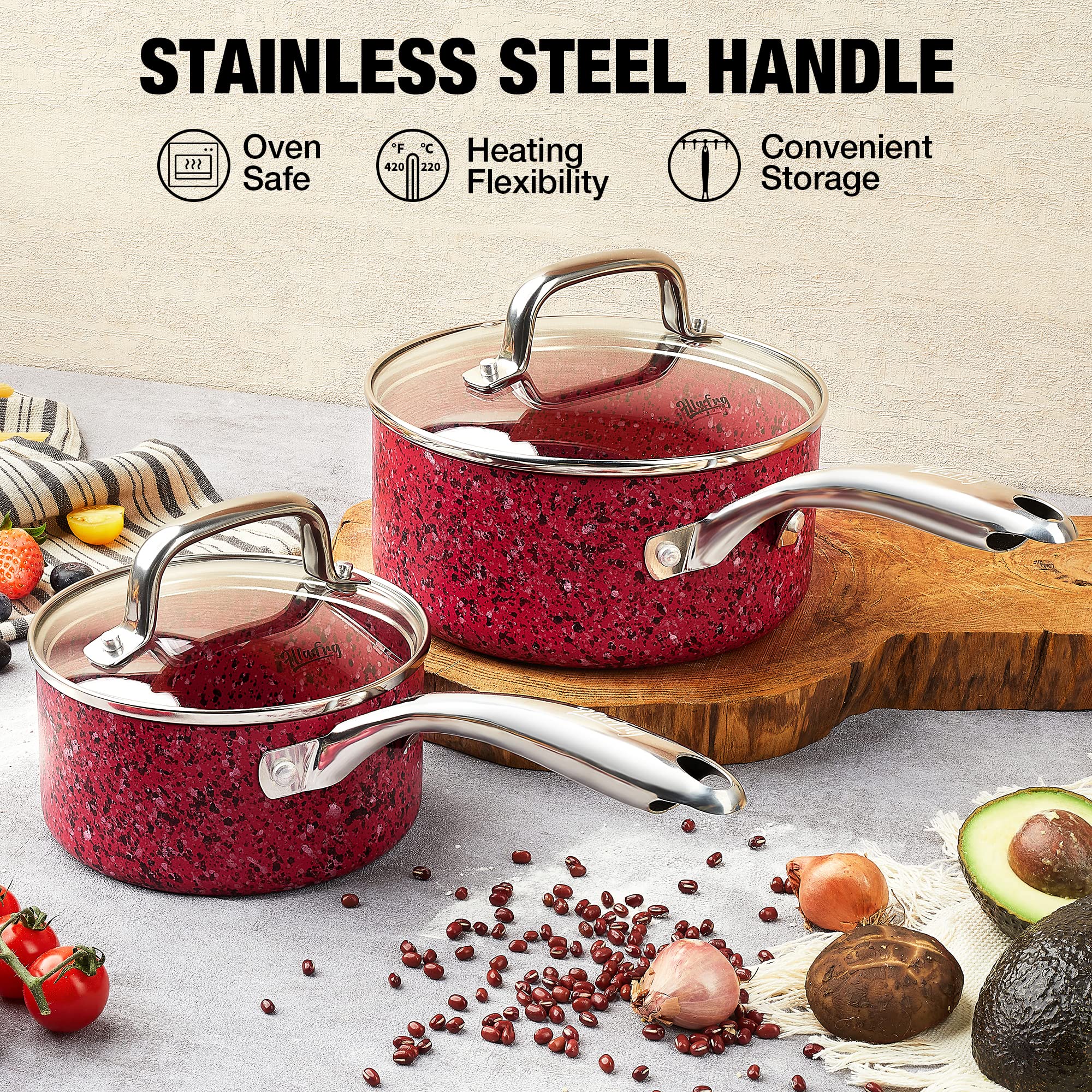 HLFRG Saucepan Set with Lid, Nonstick 2Qt & 3Qt Sauce Pan Set with Lid, Small Pot with Lid, Natural Granite Nonstick Saucepan Set, Small Sauce Pots, Red Pot Set - 2Qt & 3Qt