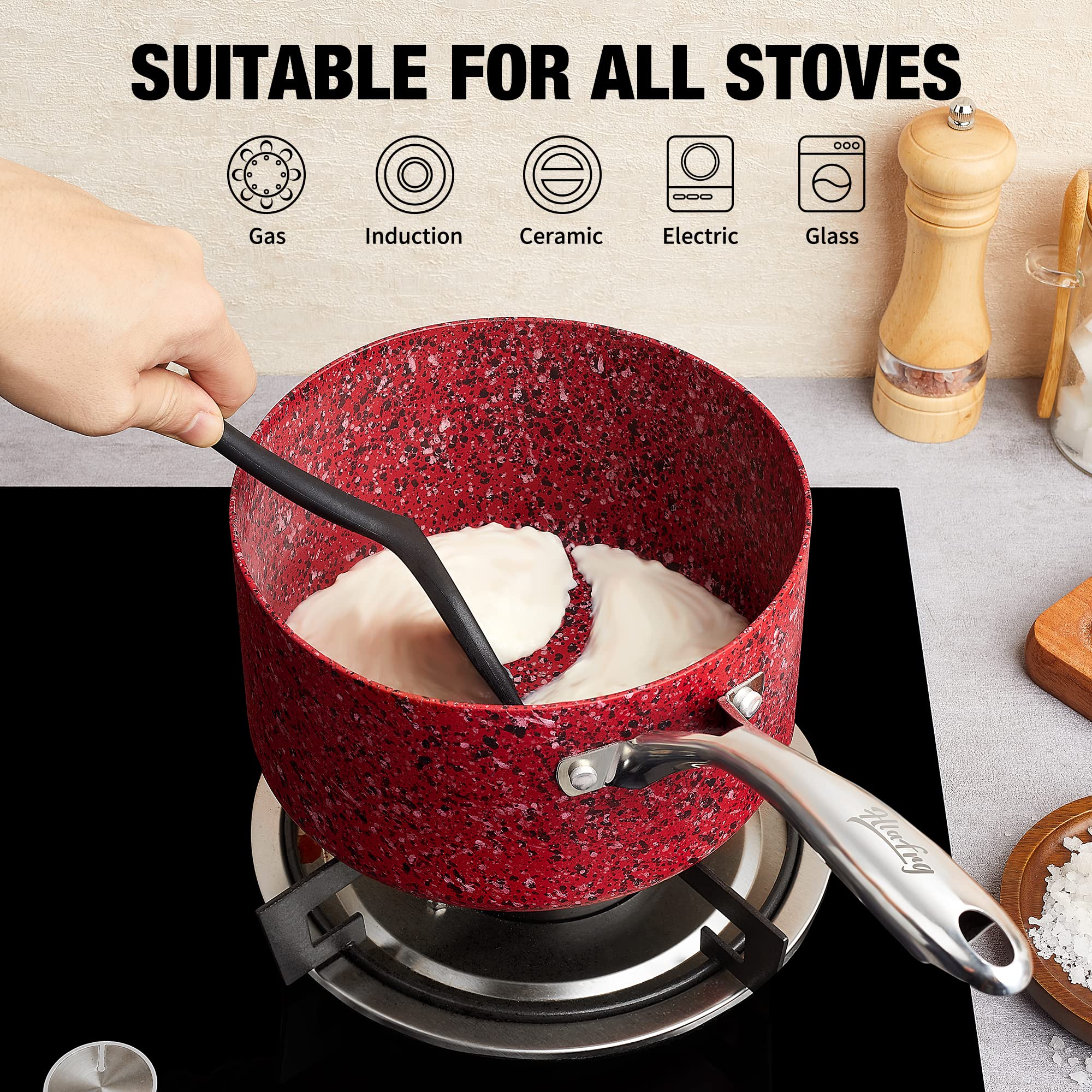 HLFRG Saucepan Set with Lid, Nonstick 2Qt & 3Qt Sauce Pan Set with Lid, Small Pot with Lid, Natural Granite Nonstick Saucepan Set, Small Sauce Pots, Red Pot Set - 2Qt & 3Qt