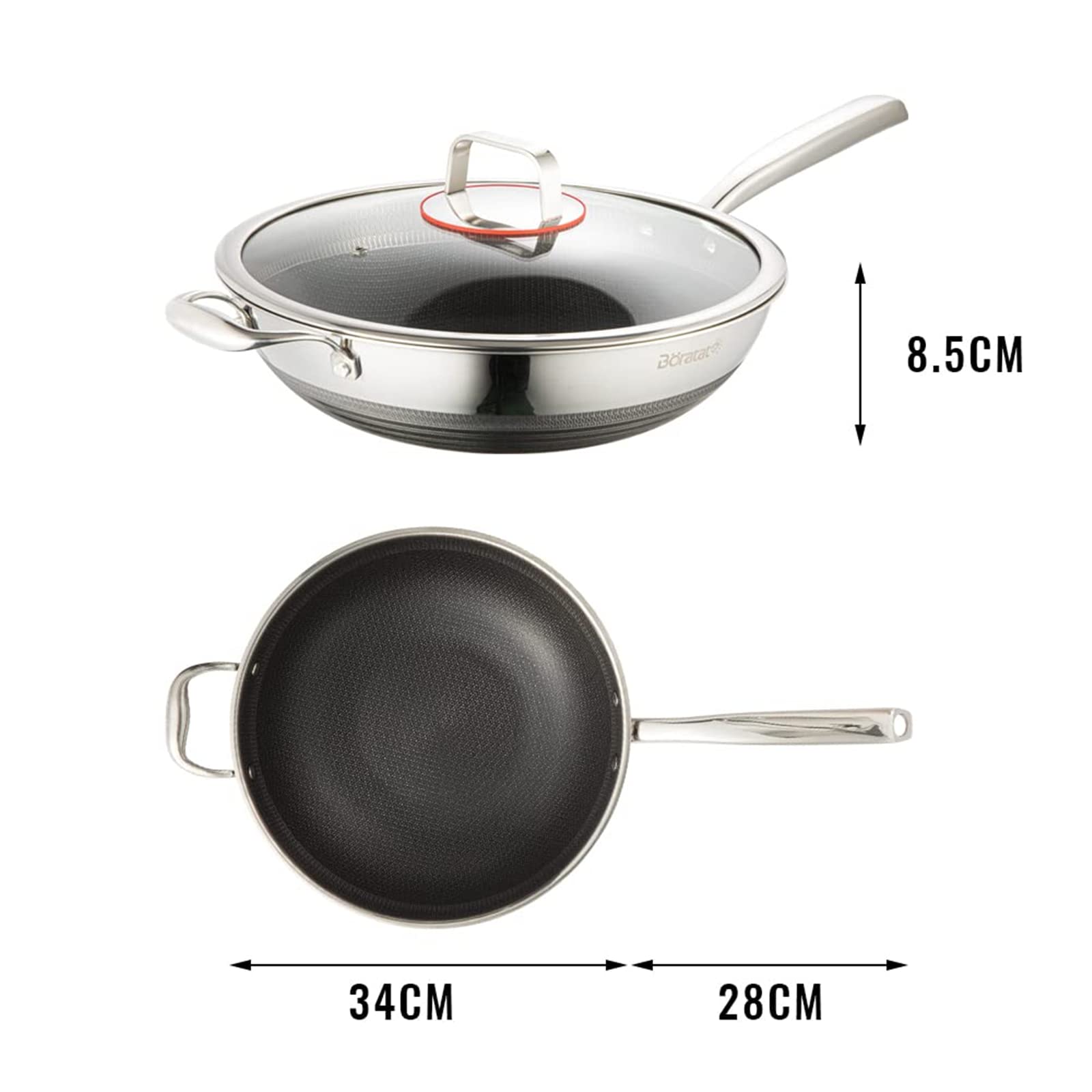 boratat Hybrid Stainless Steel Frying Wok Pan with Stay-Cool Handle and Lid 12.5 inch - PFOA Free, Dishwasher and Oven Safe, Non Stick, Works On Induction Cooktop, Gas, Ceramic, and Electric Stove