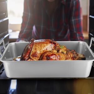 Leonyo Roasting Pan with V-shaped Rack, Stainless Steel Rectangular 16” Turkey Roaster Pan with Handles for Chicken Lasagna Vegetables Brownie, Non-stick Roasting Rack, Heavy Duty Dishwasher Safe