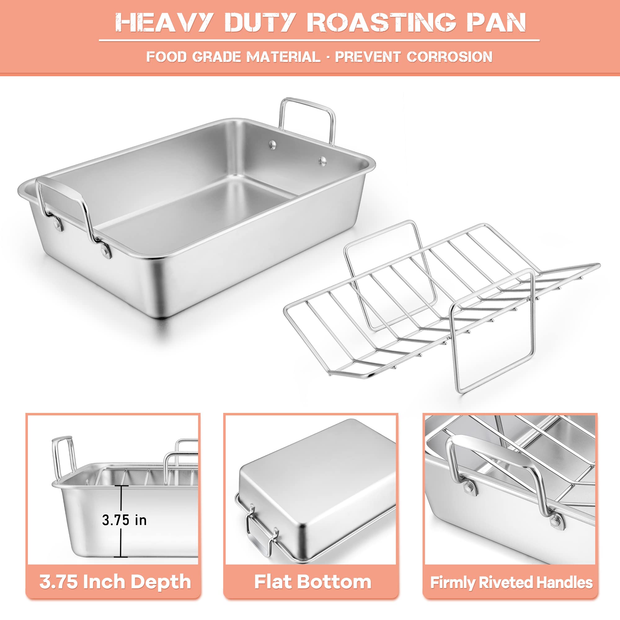 Leonyo Roasting Pan with V-shaped Rack, Stainless Steel Rectangular 16” Turkey Roaster Pan with Handles for Chicken Lasagna Vegetables Brownie, Non-stick Roasting Rack, Heavy Duty Dishwasher Safe