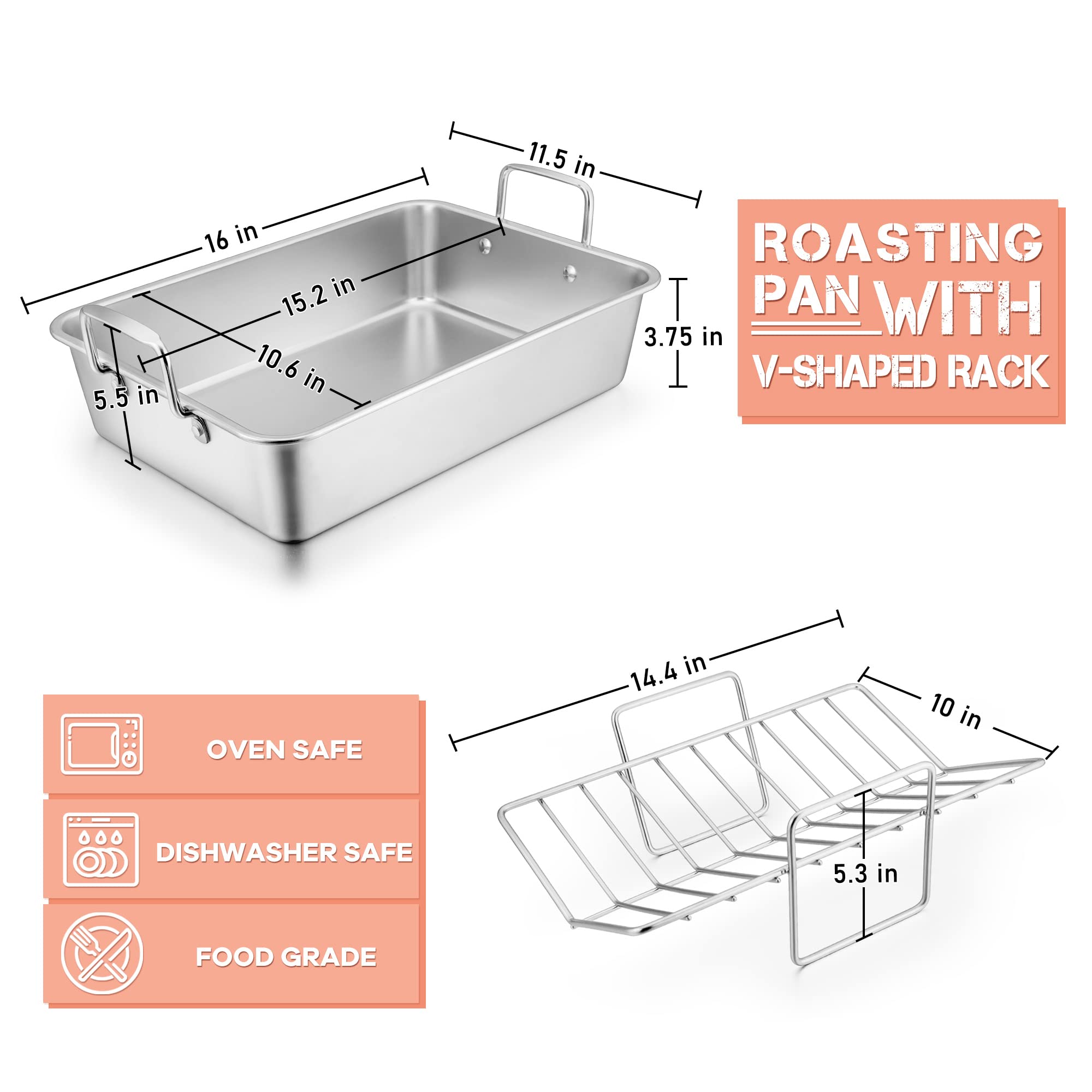 Leonyo Roasting Pan with V-shaped Rack, Stainless Steel Rectangular 16” Turkey Roaster Pan with Handles for Chicken Lasagna Vegetables Brownie, Non-stick Roasting Rack, Heavy Duty Dishwasher Safe