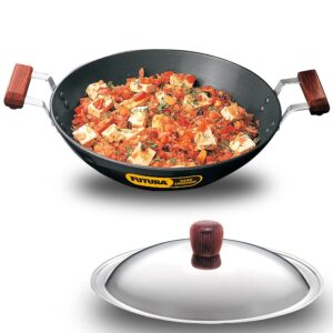 futura l23 hawkins hard anodised deep fry pan/kadhai with flat bottom and steel lid, 2.5 liter, small, black