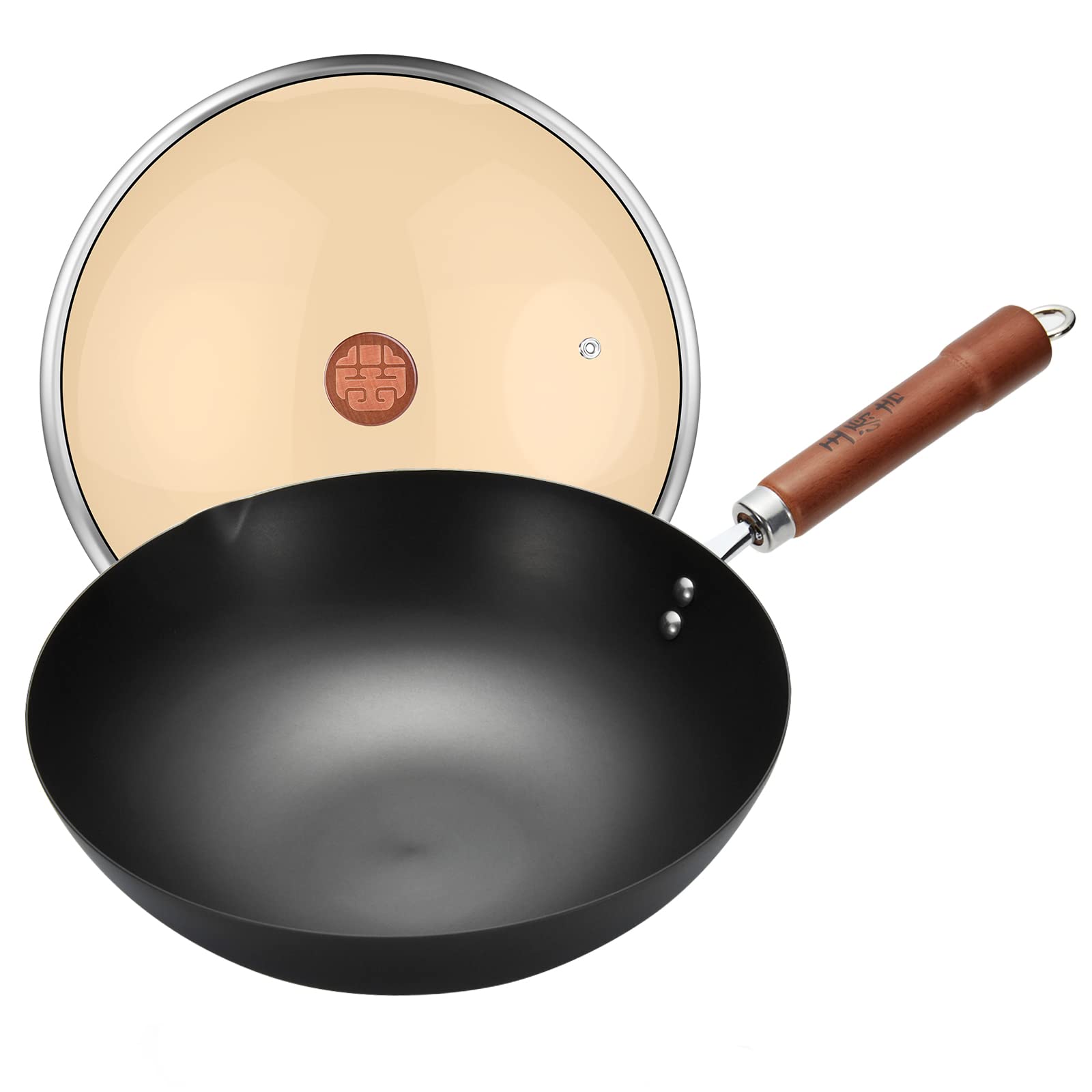 WANGYUANJI Carbon Steel Wok Pan, 12" Woks and Stir Fry Pans with Lid,No Chemical Coated Iron Wok for Induction, Electric, Gas, Halogen All Stoves-Practical Gift Iron Wok