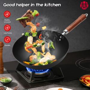 WANGYUANJI Carbon Steel Wok Pan, 12" Woks and Stir Fry Pans with Lid,No Chemical Coated Iron Wok for Induction, Electric, Gas, Halogen All Stoves-Practical Gift Iron Wok