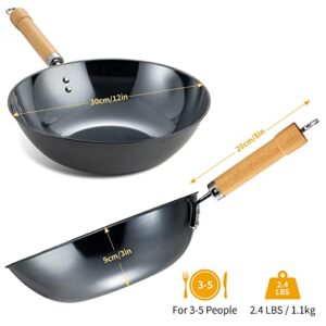 Wok Pan 12 inch, High Carbon Stainless Steel Stir Fry Pans for All Stoves, Iron Pot with Detachable Wooden Handle, Induction, Oven Safe Silver