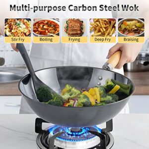 Wok Pan 12 inch, High Carbon Stainless Steel Stir Fry Pans for All Stoves, Iron Pot with Detachable Wooden Handle, Induction, Oven Safe Silver