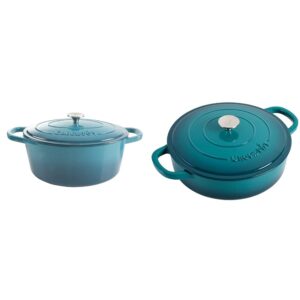 crock-pot artisan oval enameled cast iron dutch oven and braiser bundle, 7-quart and 5-quart, teal ombre