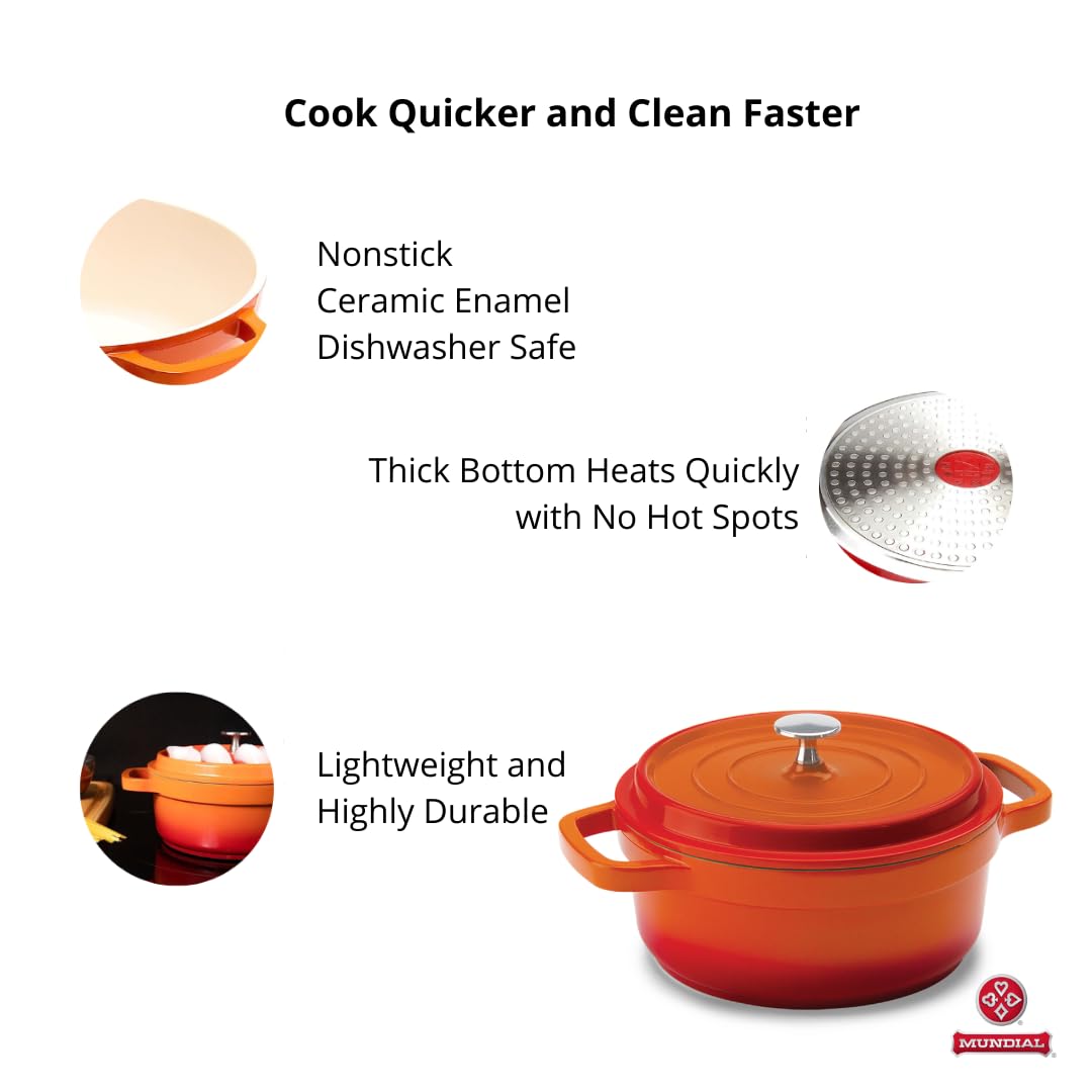 Hercules by Mundial, Cast-Aluminum Dutch Oven Pot with Lid & Handles, All Stove types, Oven-Safe Casserole Cookware with Nonstick Enamel, Orange 20L