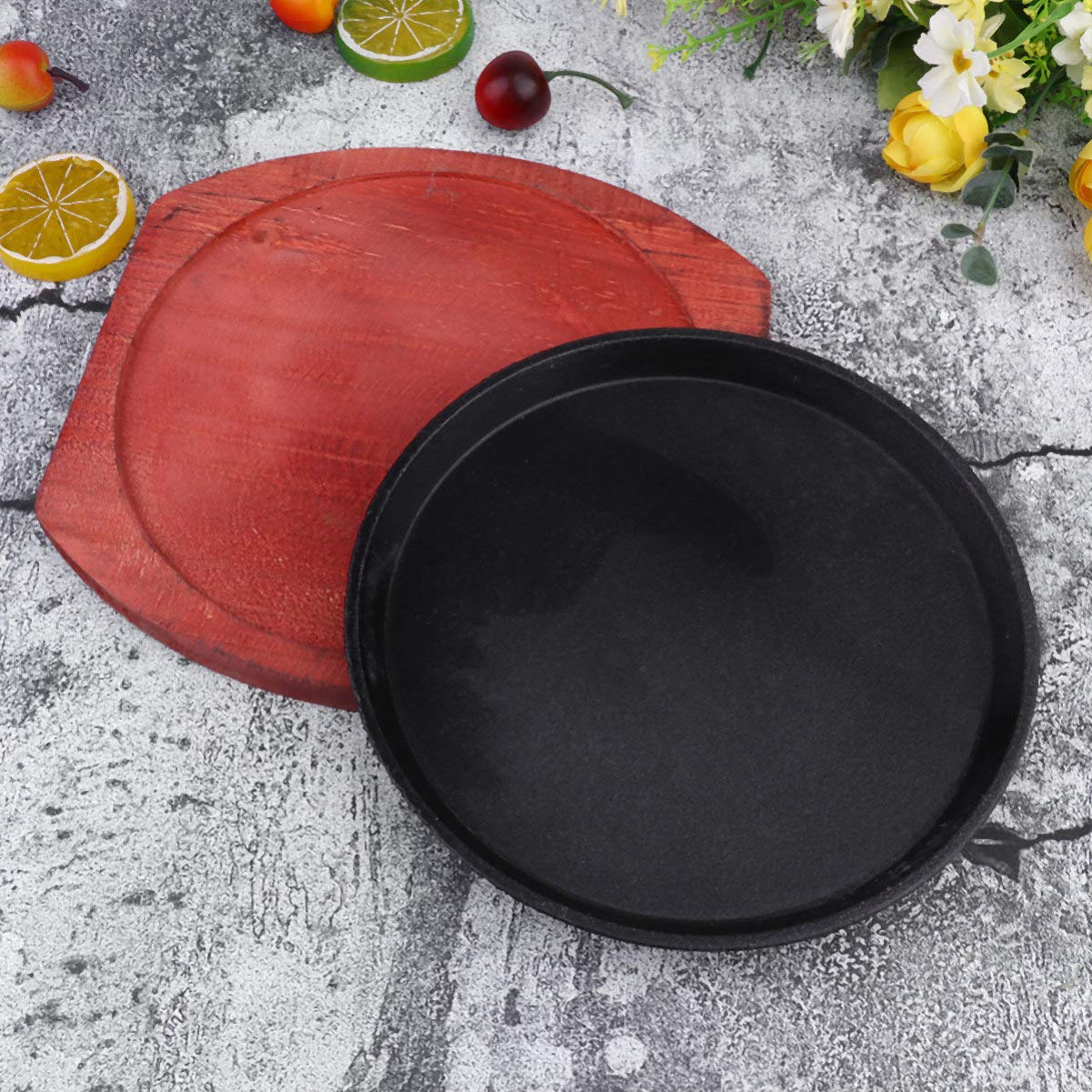 HEMOTON Cast Iron Fajita Set Skillet Japanese Steak Plate Teppanyaki Grill Pan Electric Griddle BBQ Grilling Pan for Restaurant Home Kitchen Cooking Supply 19CM