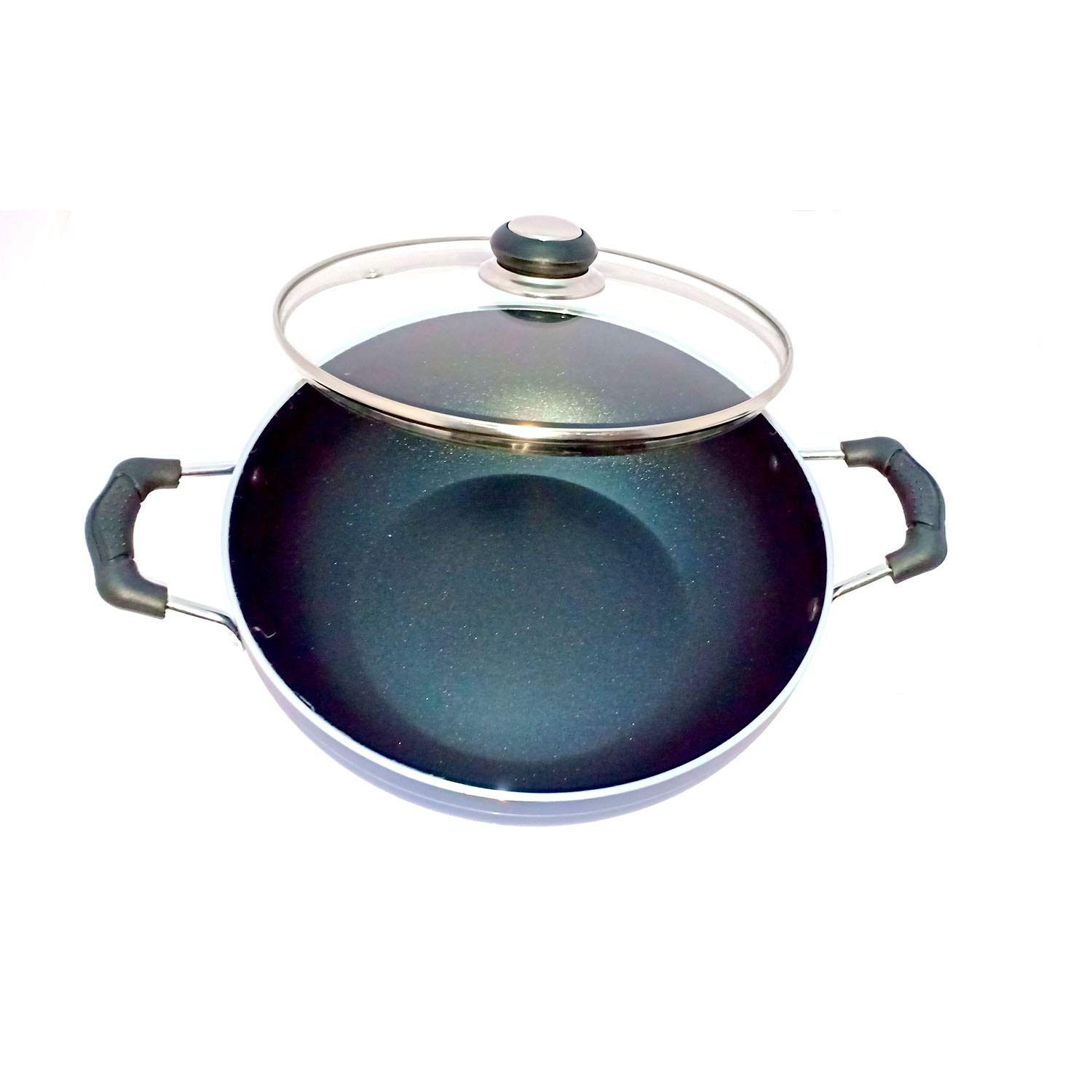 Induction Base Non Stick Aluminum Deep Kadai with Glass Lid All Purpose Pan Flat Bottom Deep Fry Pan Cookware Non stick Frying Pan (2.2 ltr)