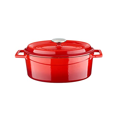 LAVA 5 Quarts Cast Iron Dutch Oven: Multipurpose Stylish Oval Shape Dutch Oven Pot with Glossy Sand-Colored Three Layers of Enamel Coated Interior with Trendy Lid (Red)