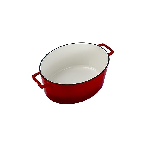 LAVA 5 Quarts Cast Iron Dutch Oven: Multipurpose Stylish Oval Shape Dutch Oven Pot with Glossy Sand-Colored Three Layers of Enamel Coated Interior with Trendy Lid (Red)