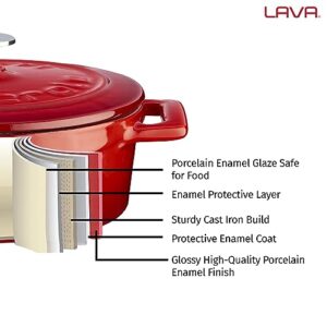 LAVA 5 Quarts Cast Iron Dutch Oven: Multipurpose Stylish Oval Shape Dutch Oven Pot with Glossy Sand-Colored Three Layers of Enamel Coated Interior with Trendy Lid (Red)