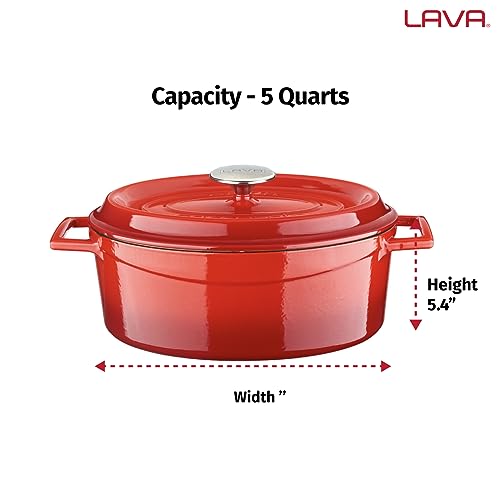 LAVA 5 Quarts Cast Iron Dutch Oven: Multipurpose Stylish Oval Shape Dutch Oven Pot with Glossy Sand-Colored Three Layers of Enamel Coated Interior with Trendy Lid (Red)