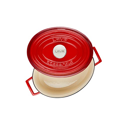 LAVA 5 Quarts Cast Iron Dutch Oven: Multipurpose Stylish Oval Shape Dutch Oven Pot with Glossy Sand-Colored Three Layers of Enamel Coated Interior with Trendy Lid (Red)