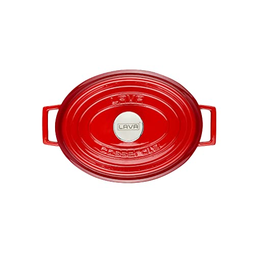 LAVA 5 Quarts Cast Iron Dutch Oven: Multipurpose Stylish Oval Shape Dutch Oven Pot with Glossy Sand-Colored Three Layers of Enamel Coated Interior with Trendy Lid (Red)