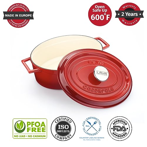 LAVA 5 Quarts Cast Iron Dutch Oven: Multipurpose Stylish Oval Shape Dutch Oven Pot with Glossy Sand-Colored Three Layers of Enamel Coated Interior with Trendy Lid (Red)