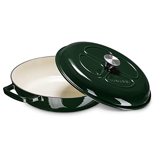 Navaris Dutch Oven Pan with Lid - 3.7 QT Enameled Cast Iron Skillet - 15 3/4" Wide Covered Round Enamel Pot - Induction Cooktop Safe - Dark Green