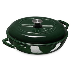 Navaris Dutch Oven Pan with Lid - 3.7 QT Enameled Cast Iron Skillet - 15 3/4" Wide Covered Round Enamel Pot - Induction Cooktop Safe - Dark Green