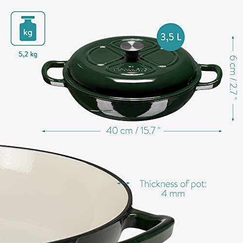 Navaris Dutch Oven Pan with Lid - 3.7 QT Enameled Cast Iron Skillet - 15 3/4" Wide Covered Round Enamel Pot - Induction Cooktop Safe - Dark Green